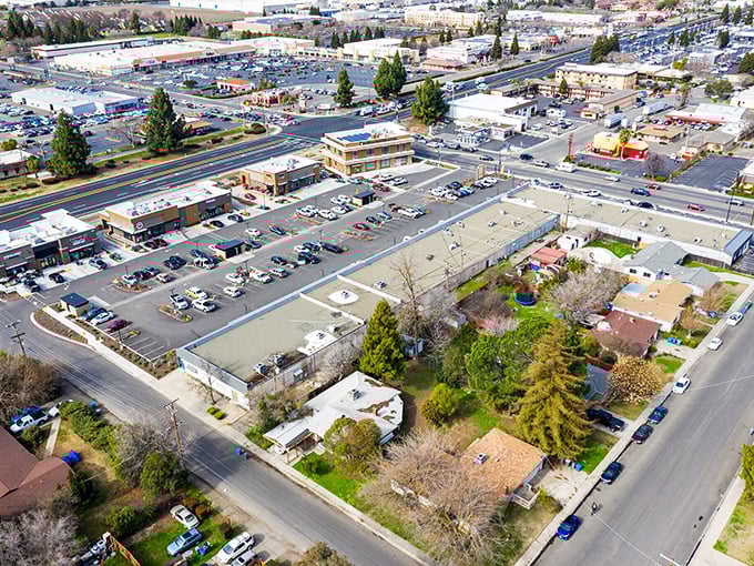 Aerial views reveal Yuba City's agricultural heart beating strong in California's fertile Central Valley landscape. 