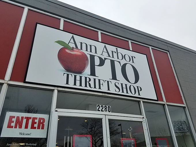 Close-up on that iconic apple logo—where shopping for treasures and supporting local schools create the sweetest kind of retail therapy.