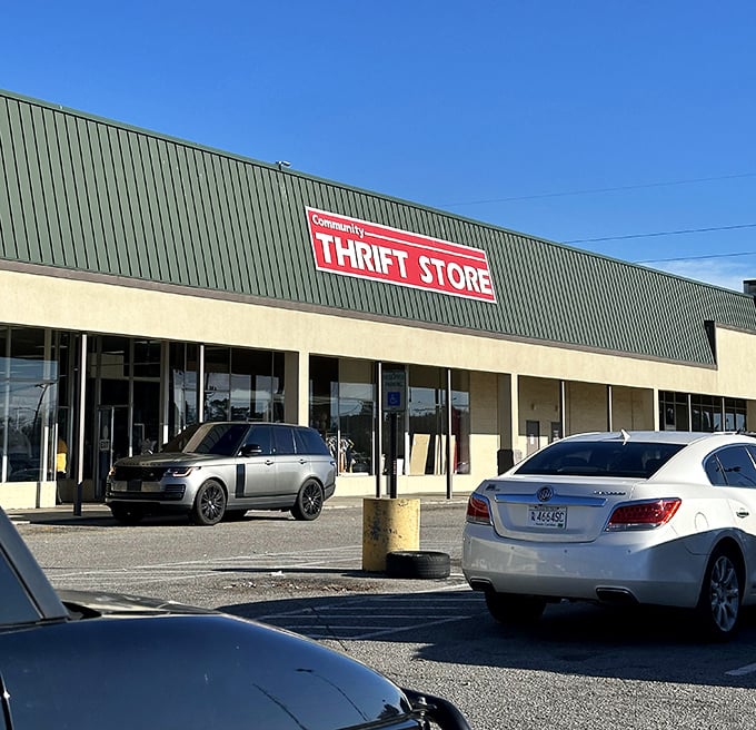 Community Thrift's simple signage masks the complexity within—where one day's shopping might furnish next year's home.