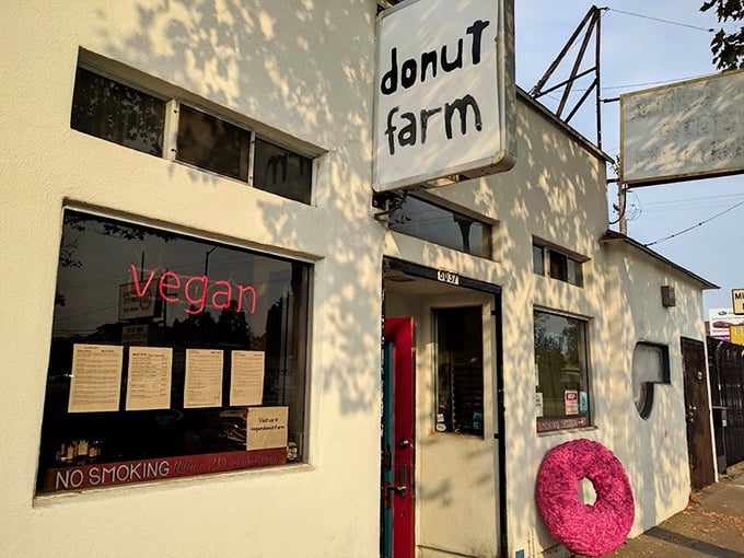 That neon "vegan" sign is your first clue – these aren't your typical donuts, they're better.