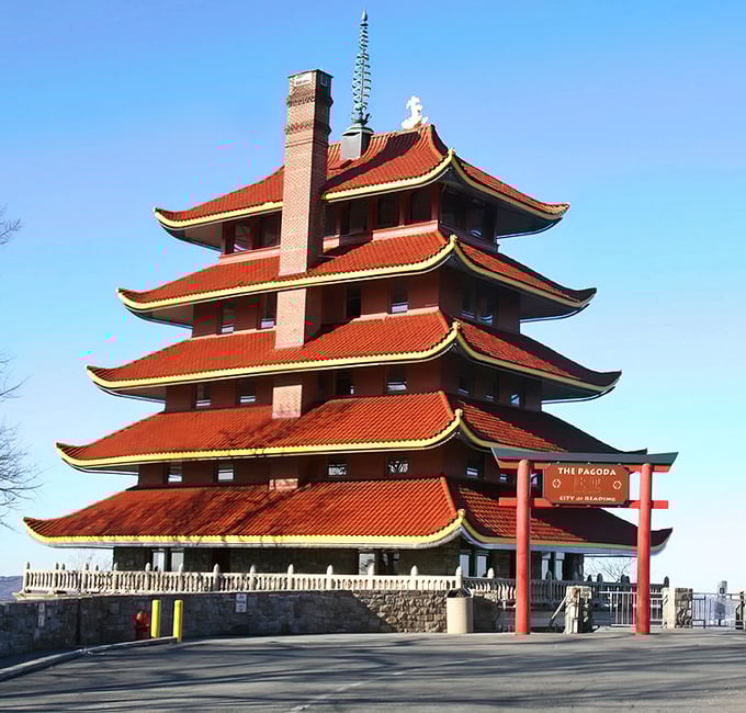 This unexpected Asian-inspired landmark has become Reading's most recognizable symbol, glowing majestically against Pennsylvania skies.