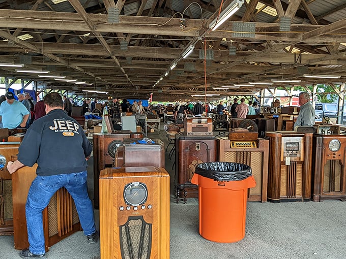 Antique radios stand at attention! Renninger's Market showcases wooden beauties from an era when entertainment furniture was art.