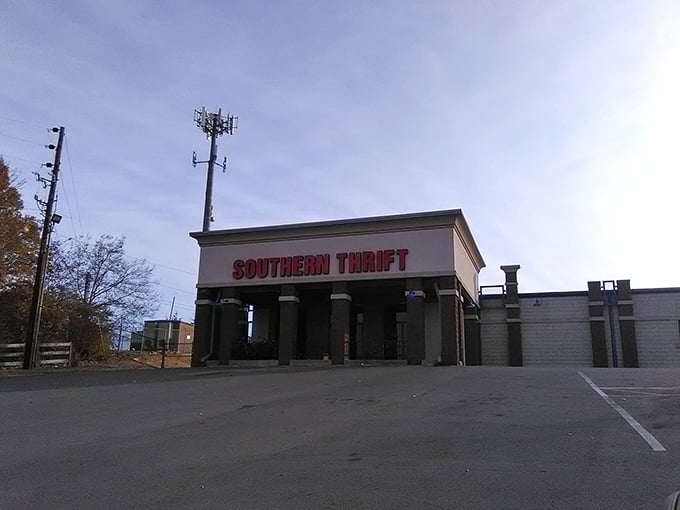 Twilight treasures await! Southern Thrift's distinctive architecture stands ready for early-bird bargain hunters and last-minute shoppers alike.