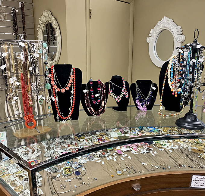 Jewelry displays that would make Elizabeth Taylor pause mid-sentence – vintage sparkle without the vintage price tag.
