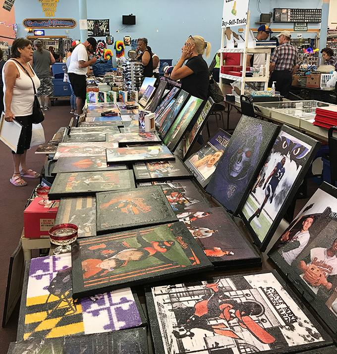 Maryland sports legends and pop culture icons immortalized in frames – the wall of fame where local pride meets artistic expression.