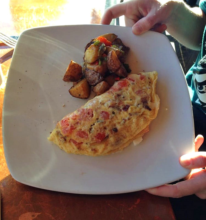 This isn't just an omelet – it's breakfast architecture, where every ingredient earns its place in this fluffy masterpiece.