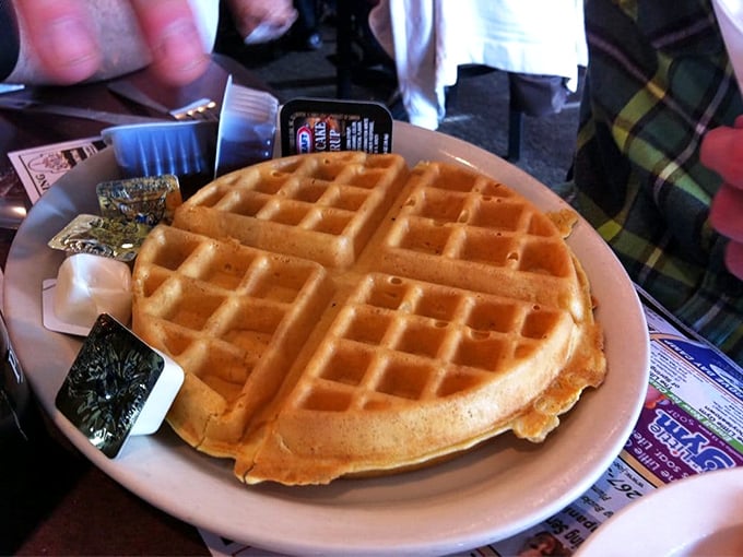This Belgian waffle isn't just breakfast—it's an edible work of art waiting for its syrup waterfall moment.