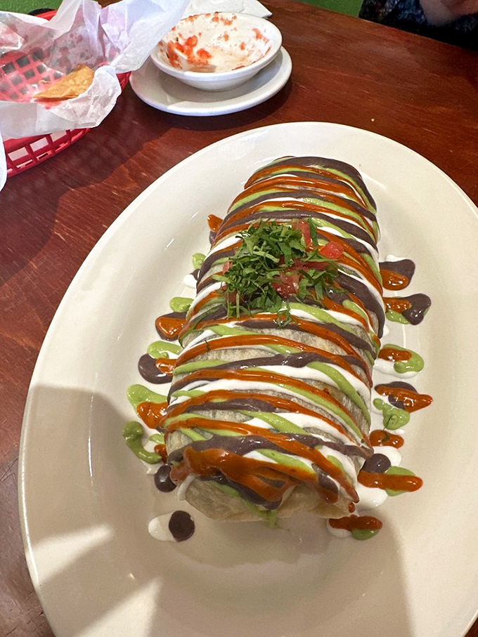 Three sauces are good. Five are better. This burrito doesn't just cross borders—it demolishes the notion that Mexican food needs to be one-note.
