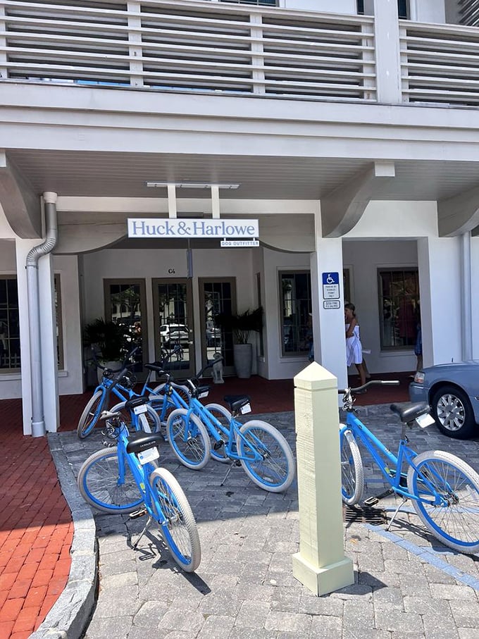 Blue cruiser bikes—the unofficial mascot of Rosemary Beach—waiting patiently to transport you from coffee to beach to happy hour.