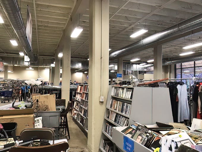 Between these shelves lie forgotten bestsellers and overlooked classics—literary treasures waiting for new homes at paperback prices.