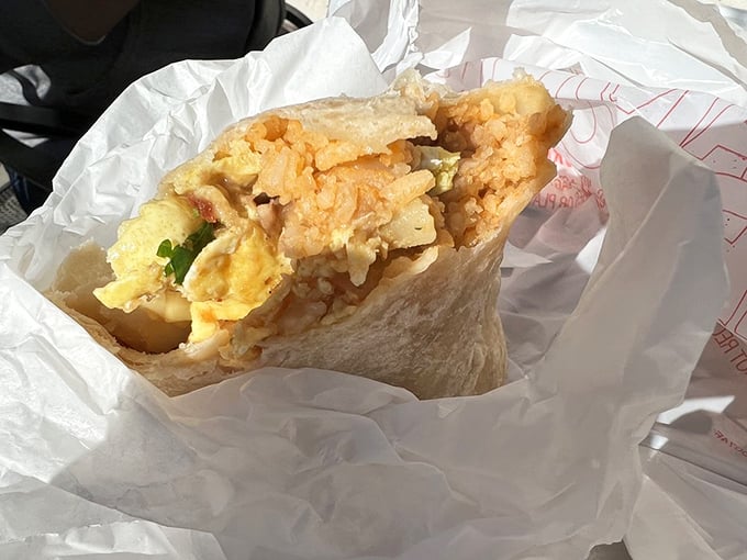 Breakfast knows no time constraints here. This morning burrito would be equally welcome at midnight after questionable life choices.