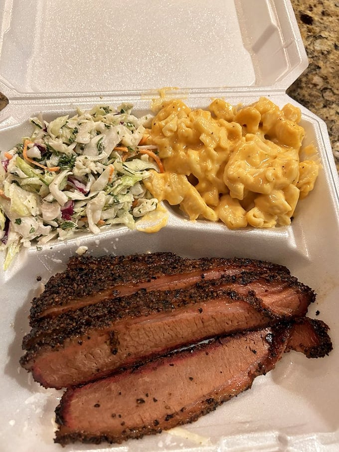 The holy trinity: brisket, mac & cheese, and coleslaw. This isn't just lunch—it's what food dreams are made of when comfort food gets ambitious.