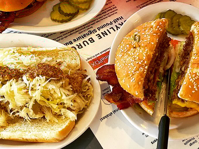 A tale of two sandwiches: one showcasing the humble art of coleslaw, the other flaunting its burger credentials with bacon and all the fixings.