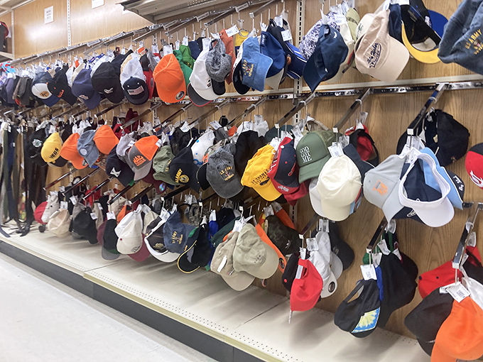 Hat heaven! From trucker caps to sun hats, this wall of headwear offers solutions for bad hair days and sunny afternoons alike.