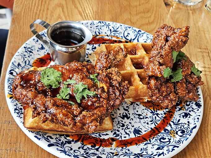 Chicken and waffles: where breakfast and dinner have a delicious identity crisis that nobody wants to resolve.
