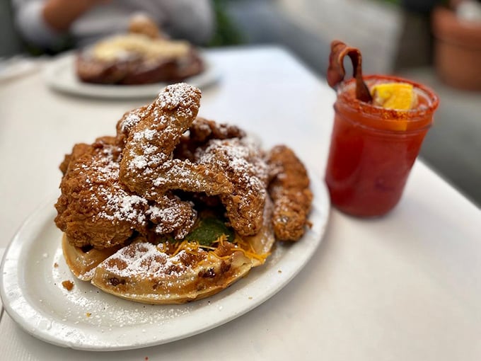 Chicken and waffles done right – crispy, golden perfection that bridges the gap between breakfast and lunch. 
