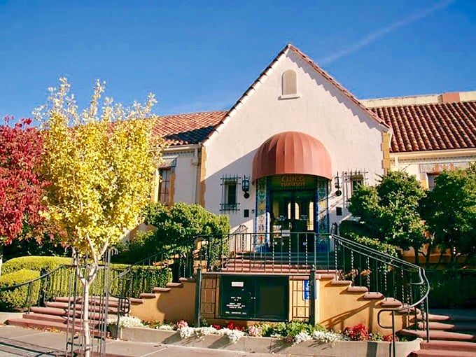 Fall colors frame the Chico Museum's Spanish-inspired architecture – a cultural treasure house where local history comes alive.