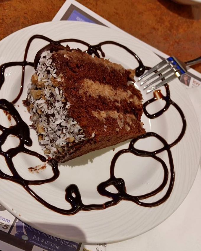 Behold the chocolate cake that launched a thousand road trips – layers of cocoa perfection adorned with coconut and chocolate drizzle.