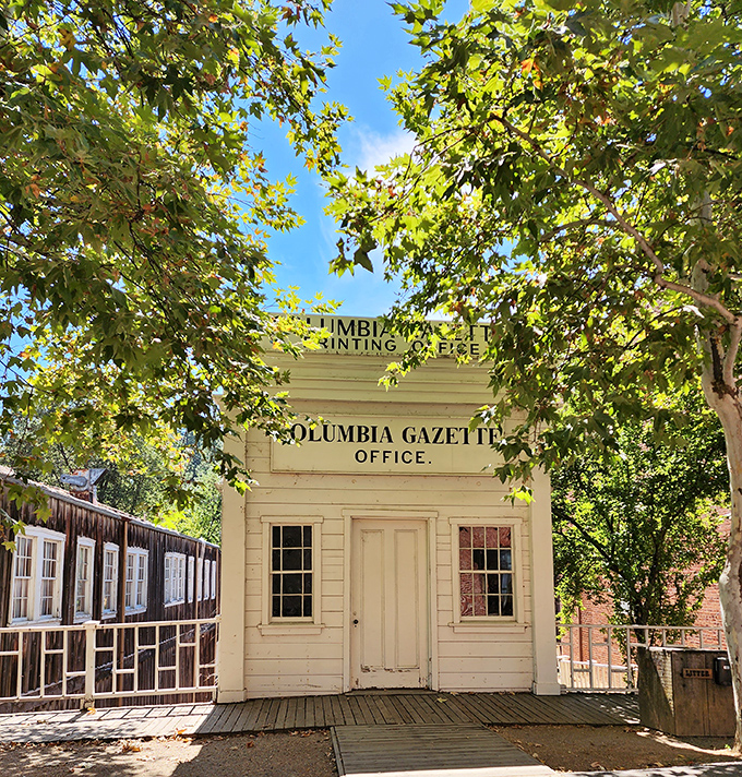 Extra! Extra! The Columbia Gazette office stands ready to report on gold discoveries and local gossip, no smartphone notifications needed.