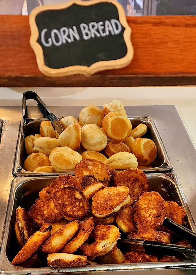 Golden cornbread muffins nestled beside their crispy-edged cousins—the kind of bread basket that makes you reconsider your carb-cutting promises before the main course arrives.