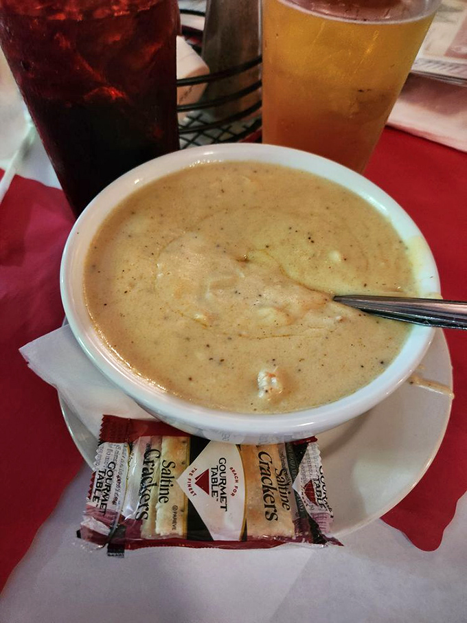 Cream of crab soup so velvety it could make a French chef weep with joy. Speckled with crab and served with crackers for essential dipping.