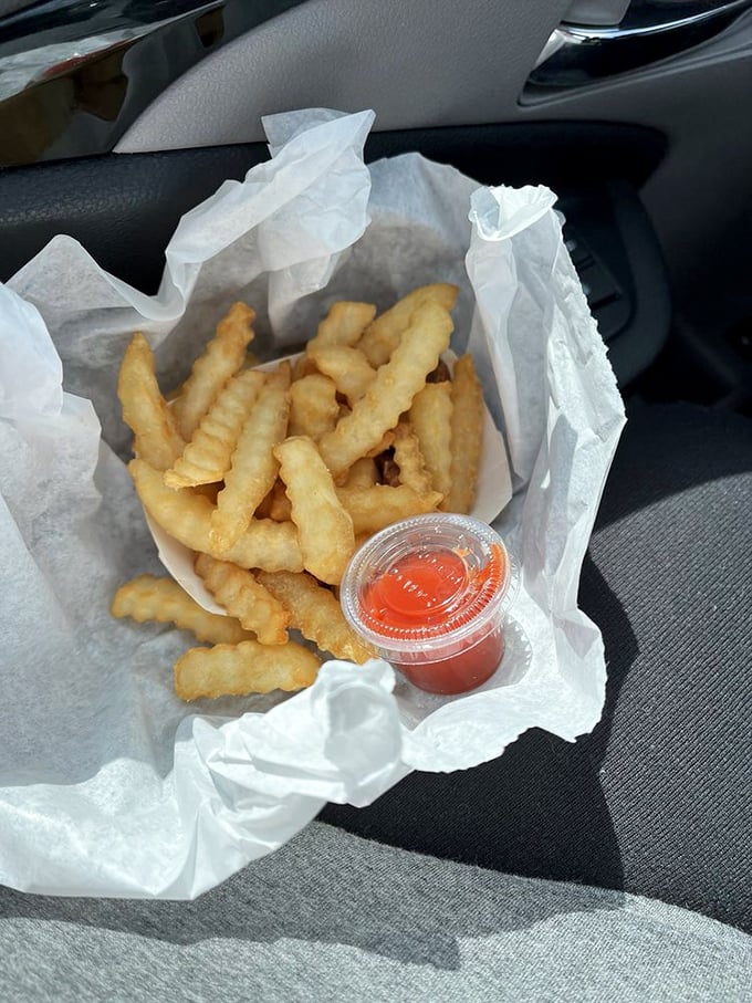 Crinkle-cut fries that crunch like autumn leaves, served in paper with ketchup – a simple pleasure that needs no improvement.