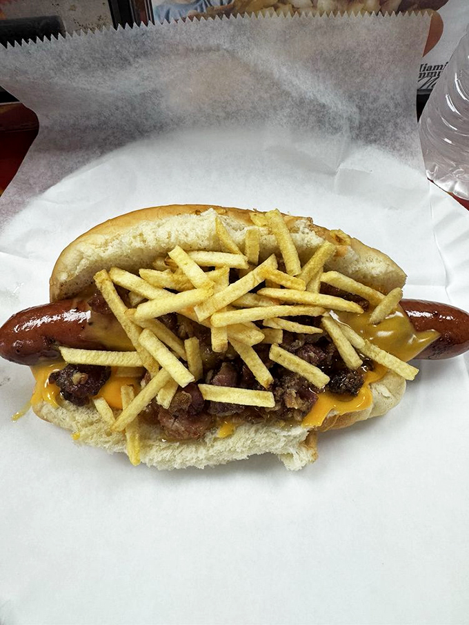 The "Dirty Dog" isn't misbehaving—it's just showing off with a mountain of chili, cheese, and fries that requires strategic eating techniques.