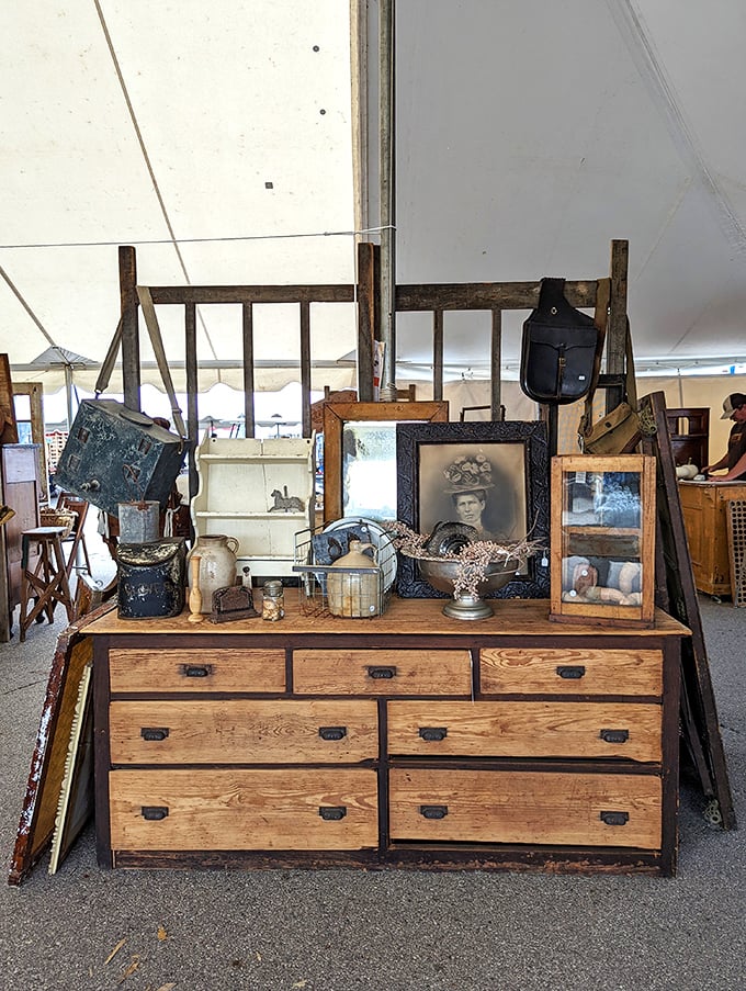 This isn't just a dresser—it's a time machine with drawers, topped with fragments of lives once lived and now waiting for new stories.