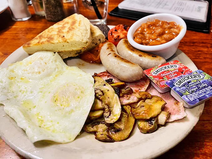 The full Irish breakfast—where eggs, bangers, rashers, and beans unite to create the ultimate morning alliance. Hangover optional, satisfaction guaranteed.