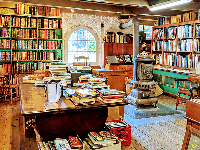 Sunlight streams through arched windows, illuminating stacks of potential discoveries. That vintage stove isn't just decoration—it's a literary campfire for bibliophile gatherings.