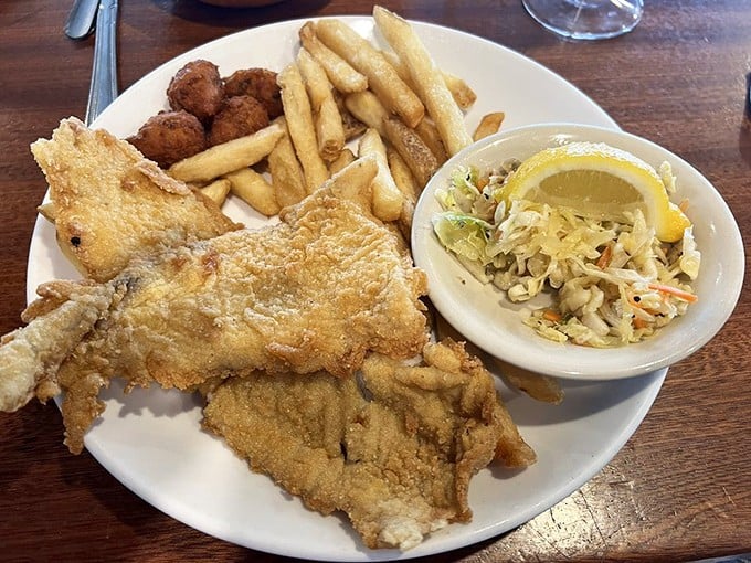 Crispy on the outside, flaky on the inside—this fried fish platter with coleslaw is the coastal South Carolina equivalent of a warm hug.