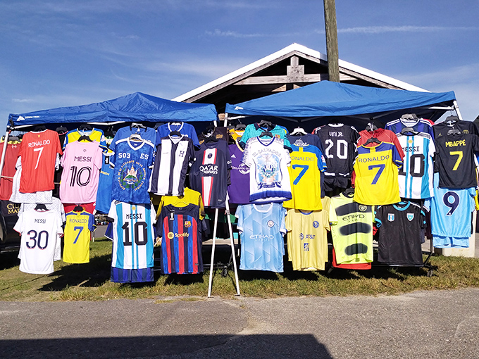 Soccer jersey heaven for fans and collectors alike. Messi, Ronaldo, and friends hanging out together in Florida—probably more peacefully than they do on the pitch.