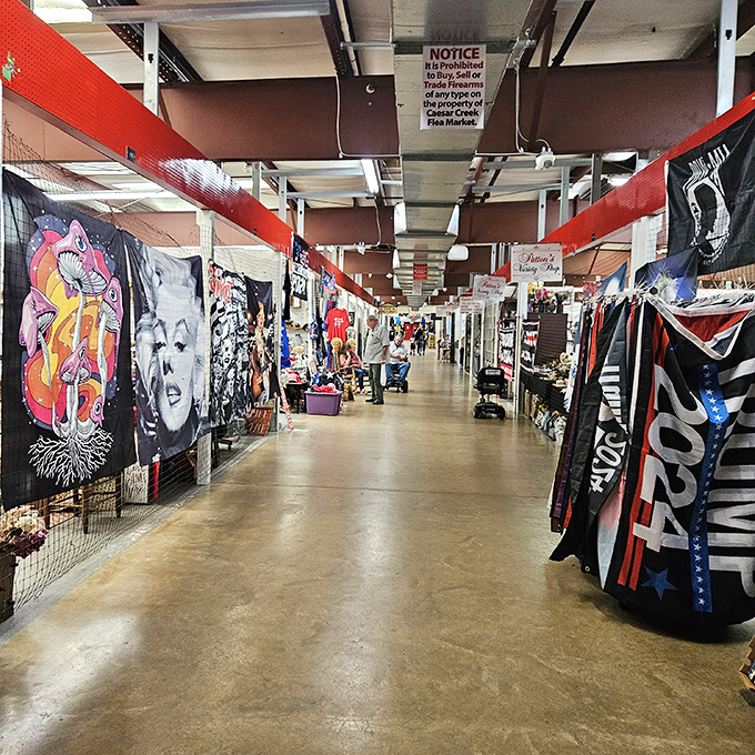 Tapestries and flags line the walkways like a United Nations of pop culture. The diplomacy of commerce brings everyone together in these bustling corridors.