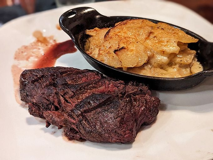 Hanger steak meets potato gratin in a partnership that would make any food matchmaker proud and satisfied.