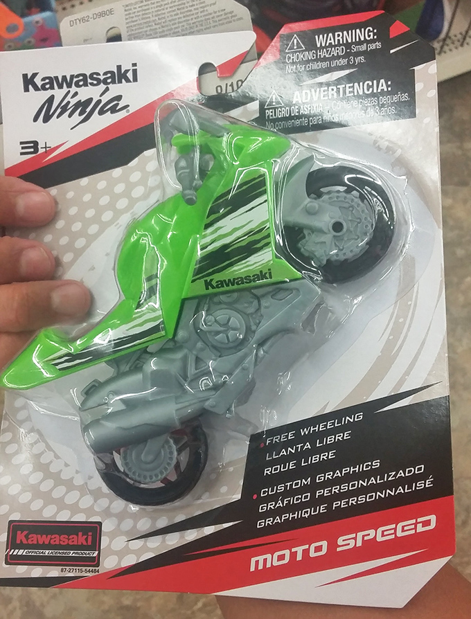 Even licensed toys like this Kawasaki Ninja motorcycle find their way to Dollar Tree shelves, delighting kids and budget-conscious gift-givers alike.