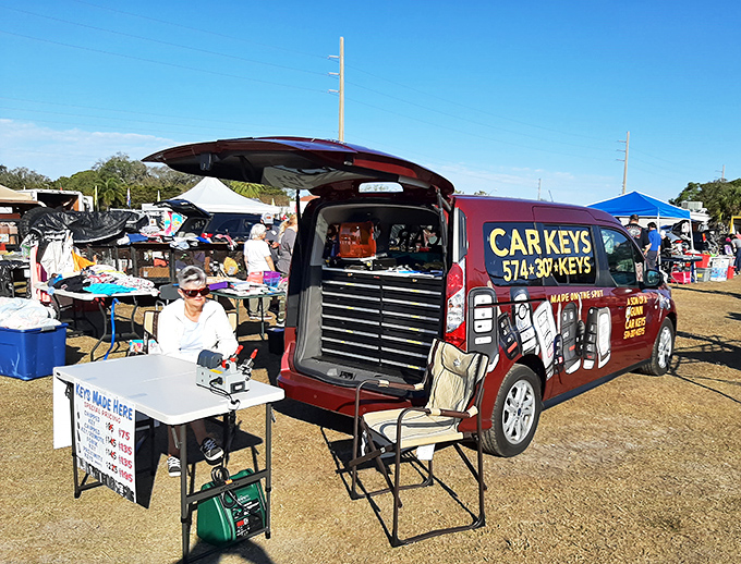 Mobile locksmith meets swap meet entrepreneur. In a world of digital everything, there's something reassuringly tangible about a physical key made while you wait.