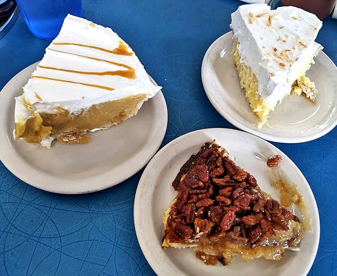 Three slices of pie heaven sharing one table. The hardest relationship triangle to navigate is deciding which to eat first.