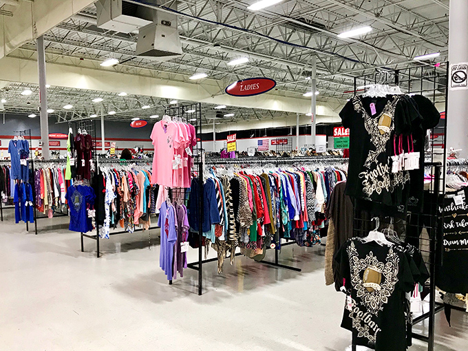 Ladies' department: where vintage meets contemporary in a fashion time warp. That pink dress might have stories to tell from three decades ago.