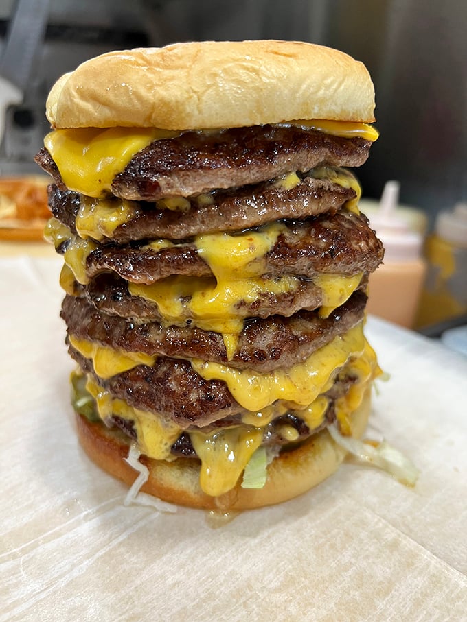 Not so much a burger as a skyscraper of beef and cheese. No architect could design a more beautiful tower of deliciousness.