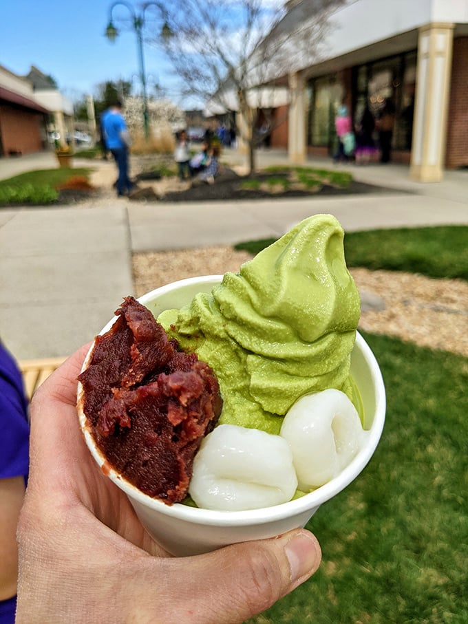 Matcha soft serve with red bean and mochi—proof that green food can be delicious without involving a single kale leaf.