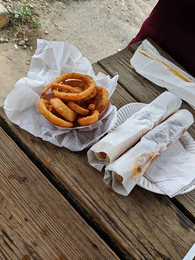 Onion rings that justify the journey – golden halos of crispy perfection alongside wrapped treasures waiting to be devoured.