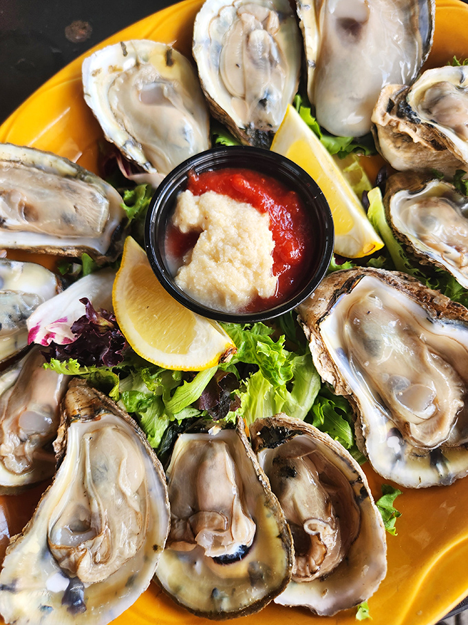 These oysters aren't just served; they're presented – plump treasures from the deep arranged like a briny work of art.