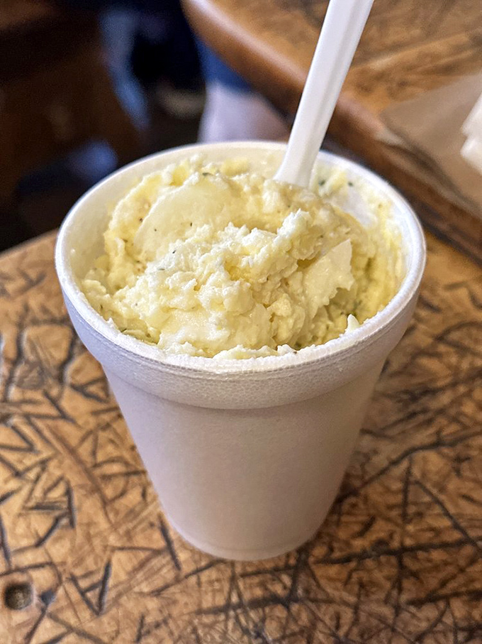 The potato salad arrives like a supporting actor who steals the scene. Creamy, substantial, and the perfect sidekick to burger greatness.