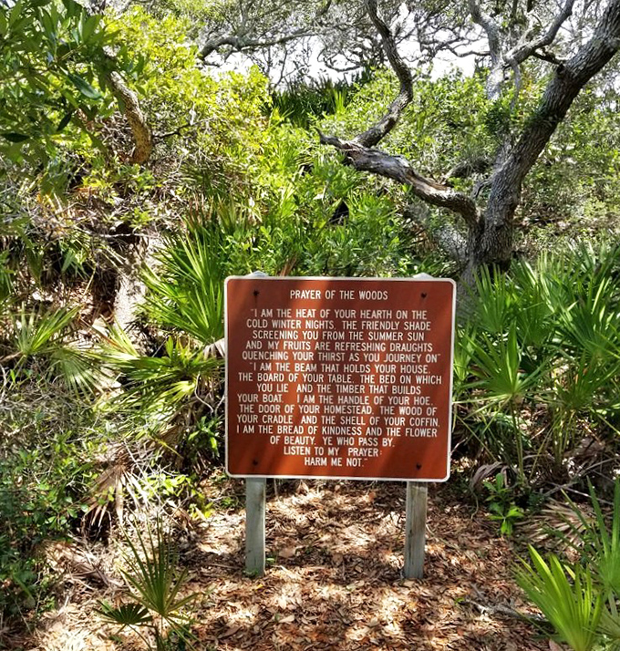 "Prayer of the Woods" sign—where Mother Nature reminds you she was the original poet, long before Instagram captions were a thing.