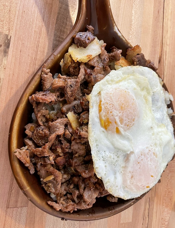 Prime rib hash with a perfectly cooked egg—the breakfast equivalent of striking gold in these California mountains.