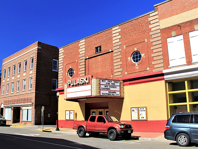 The historic Pulaski Theatre's marquee promises entertainment just as it has for decades, a beautifully preserved Art Deco gem in the heart of town.