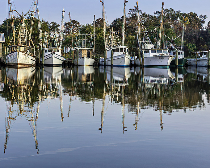 Like a perfectly composed still life, Apalachicola's shrimp boats reflect in mirror-calm waters – working vessels that are both livelihood and living history.