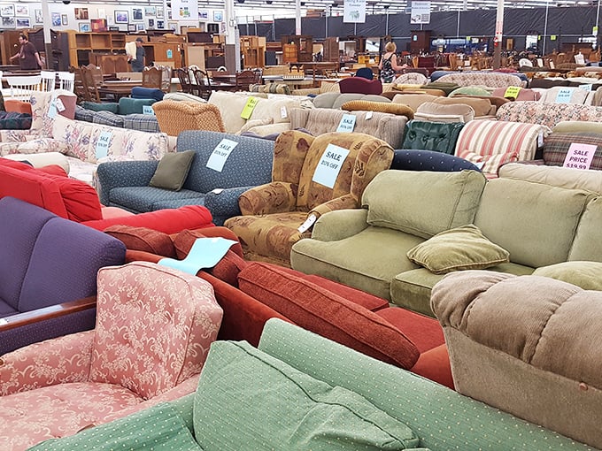 The sofa section resembles a living room showroom designed by someone with a delightful case of design multiple personality disorder.