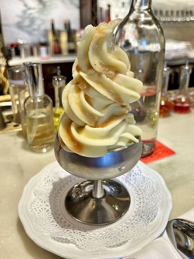 Dessert simplicity that would make Marie Antoinette say, "Forget cake!" Soft-serve swirled to architectural heights—the Guggenheim of frozen treats.