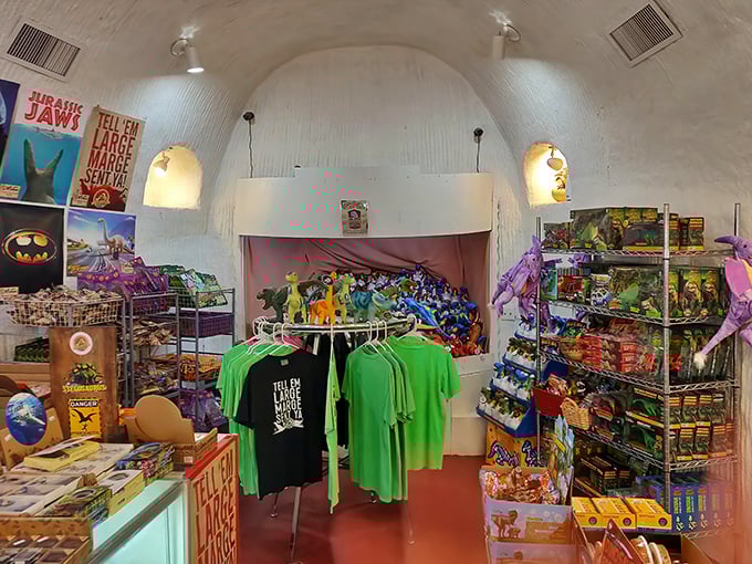 Step inside Dinny's belly for souvenirs! The gift shop proves dinosaurs aren't just big on the outside—they're cavernous on the inside too.